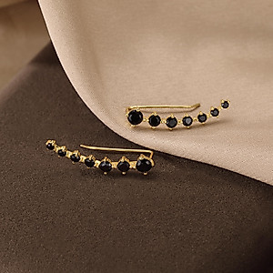 Reffeer 925 Sterling Silver 7 Crystals Cuff Earrings Climber for Women CZ Crawler Earrings Wraps (D-Gold-Black CZ)