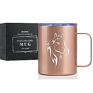 Onebttl Horse Gifts for Girls, Women, Horse Lovers, Insulated Stainless Steel Coffee Mug with Lid and Handle, Equestrians, Cowgirls Gifts for Birthday, Christmas, 12 oz, Rose Gold