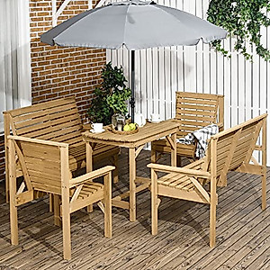 Outsunny 5 Piece Wooden Patio Dining Set for 6, Outdoor Conversation Set with 2 Armchairs, 2 Loveseats, and Dining Table with Umbrella Hole for Backyard, Garden, Light Brown