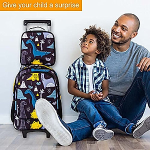 gxtvo Kids Rolling Backpack, Roller Wheels Boys Bookbag - Wheeled Suitcase Elementary School Bag - 3PCS Dinosaur