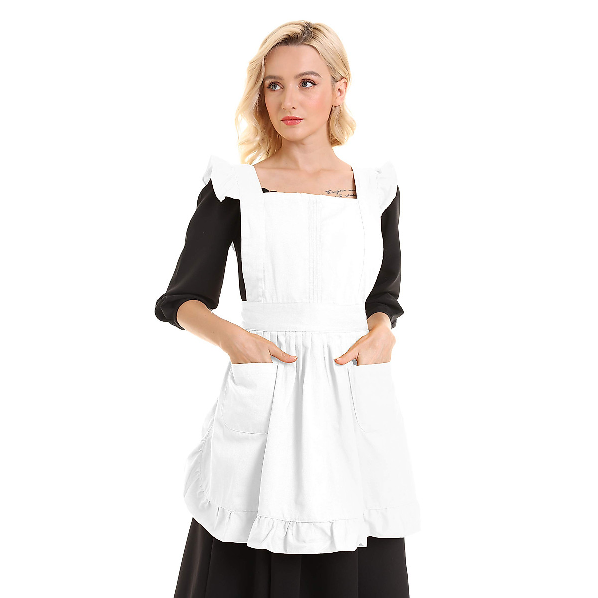 LilMents Retro Adjustable Ruffle Apron Kitchen Cooking Baking Cleaning Maid Costume (White)