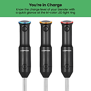 Chefman Cordless Portable Immersion Blender with One-Touch Speed Control - Quick Mix for Shakes, Smoothies, Soups, Dips, Sauces - Black - Stainless Steel Blades - BPA-Free - Dishwasher Safe