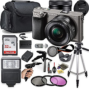 Sony a6000 Mirrorless Camera (Graphite) with 16-50mm OSS Lens + Deluxe Bundle Including Sandisk 32GB Card, Case, Flash, Grip Tripod, 50" Tripod, and More