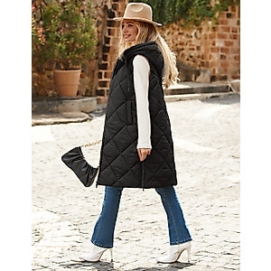 MEROKEETY Womens Hooded Long Padded Vest Coats Quilted Sleeveless Warm Outerwear with Pockets, Black, XL
