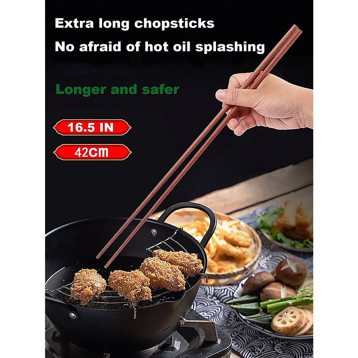 2 Pairs Cooking Chopsticks, 16.5 Inches Wooden Long Chop Sticks Reusable for Noodles Frying Hotpot, Japanese Extra Long Anti-Slip Chopsticks