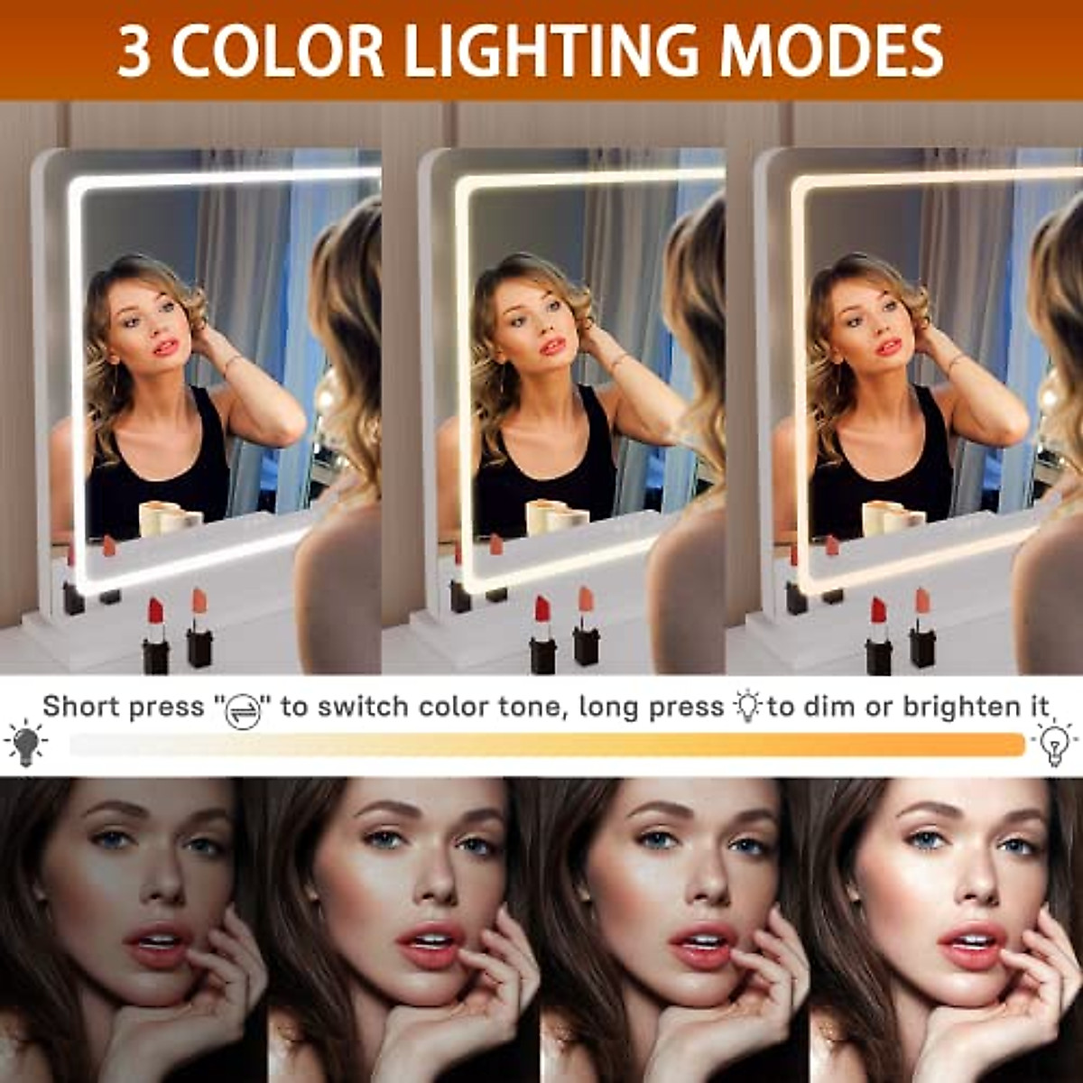 Hasipu Vanity Mirror with Lights, 32" x 22" LED Makeup Mirror, Lighted Makeup Mirror with Dimmable 3 Modes, Touch Screen Control Vanity Mirror Round White