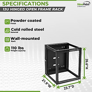 NavePoint 12U Wall Mount Server Rack with Hinged Back, 4-Post 24” Deep, Rear Swing Frame 12U Network Rack Wall Mount for 19 Inch Equipment AV IT Easy Cable Management, Black