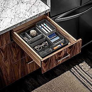 madesmart Junk Drawer Organizer Stack & Slide-CARBON COLLECTION Multi-Purpose, Stackable, Lidded Bins, Non-Slip Rubber Feet, Large