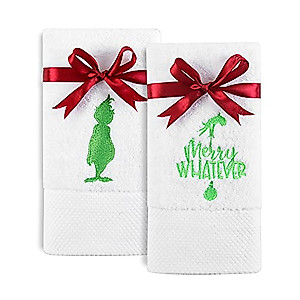 Quera 2 Pack Merry Whatever Christmas Hand Towels 100% Cotton Funny Embroidered Premium Luxury Decor Bathroom Decorative Dish Towels Set for Drying Cleaning Holiday Towels Gift Set 13.7'' x 29.5''