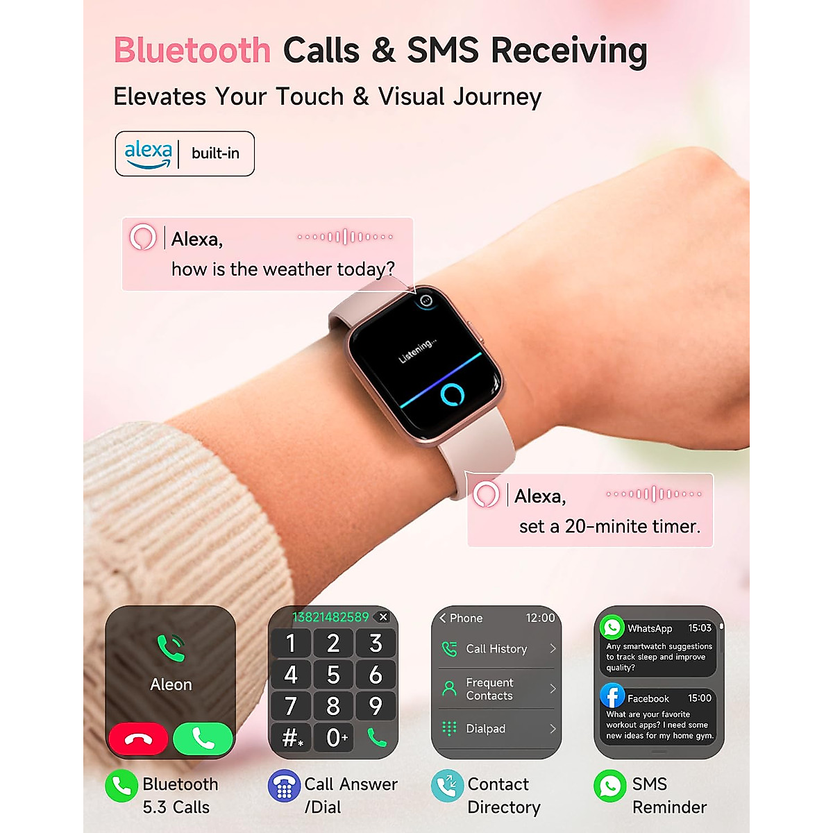 Smart Watch for Men Women(Call Receive/Dial), Alexa Built-in, 1.8" Touch Screen Fitness Tracker with Heart Rate Sleep Tracking, 100 Sports Modes, 5ATM Waterproof Smartwatch for Android iPhone, Pink