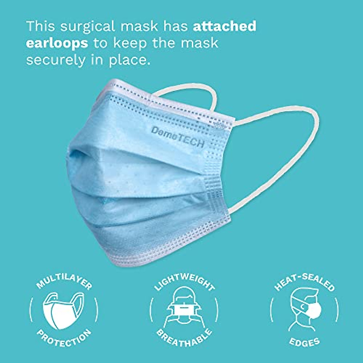 DemeTECH ASTM Level 3 Protective 3-Layer Face Mask, Ear-Loop Style, Made in The USA, Adult, 50