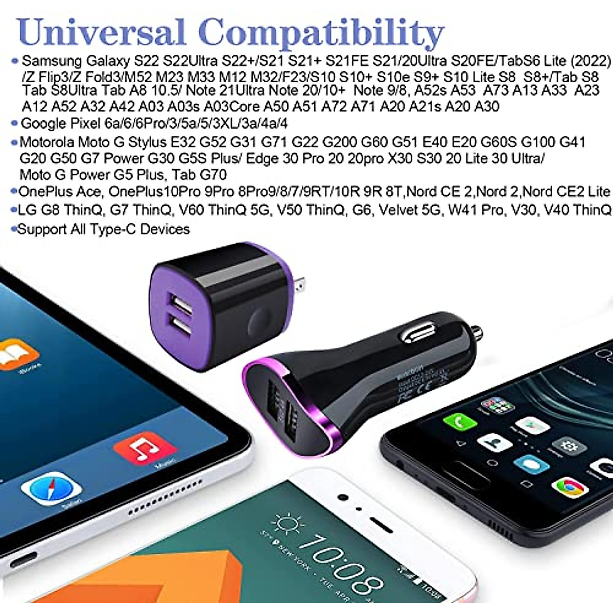 USB C Charger for S22 Ultra S23 Ultra S23 A54 A34 S10 A13 A14 A53 Z Fold4 Z Flip4 A23 S21FE A73, Android Charger Car Fast Type C Charging Block Dual USB C Wall Charger, 2Pack 6FT A to C Charger Cable