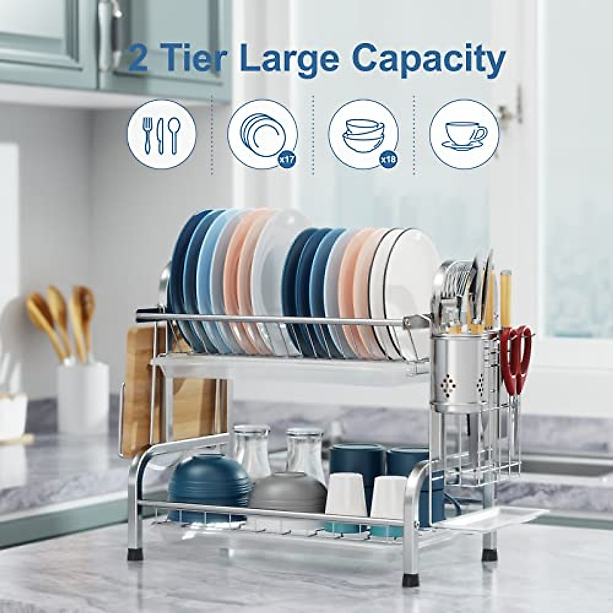 GSlife Stainless Steel Dish Drying Rack Rustproof 2 Tier Dish Rack for Kitchen Counter with 3 Drainboards, Tiered Dish Drainer with Utensils Holder,Cutting Board Holder, Silver