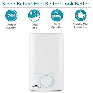 Air Innovations Humidifiers for Bedroom Convenient Oversized 4.5L Tank Runs for 70 Hours for Large Room up to 400 Sq Ft Top Fill Cool Mist Humidifier Ideal for Baby Room and Plants MH-419, White, 1.2