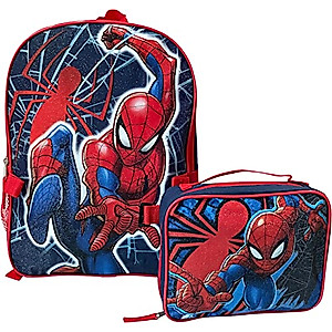 Spider-Man 15 Inch Kids Backpack With Removable Lunch Box Set (Navy Blue-Red)