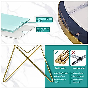 Modern Round Side Table, End Table with Marble Effect Top and Gold Metal Frame, Small Side Table for Living Room, Bedroom, Sofa and Couch, Gold Legs, Green Marble top