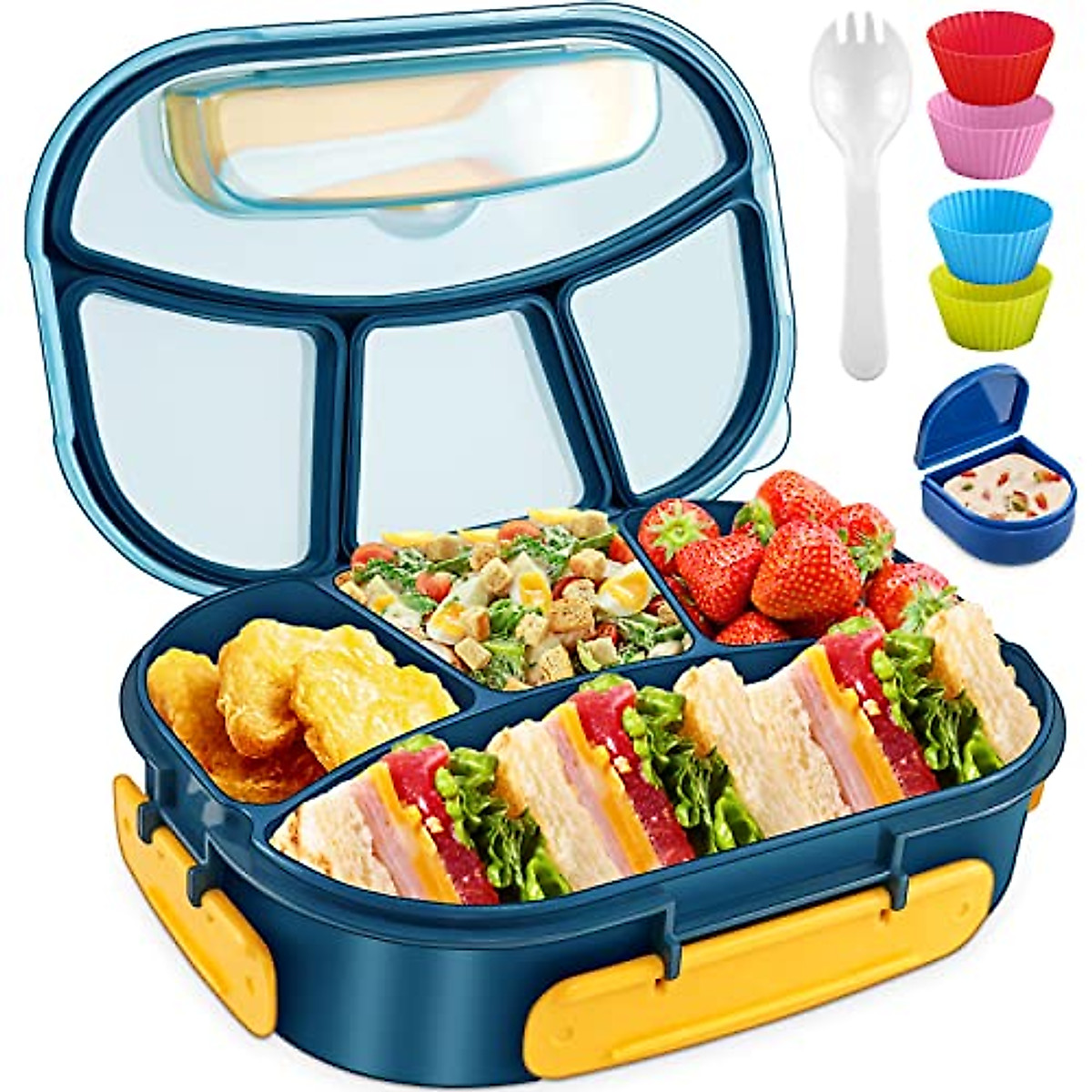 Tsmsv 1800ML Bento Box Adult Lunch Box,Adult Bento Box,Lunch Box Containers,Lunch Containers for Adults,Bento Boxes,Bento Lunch Box for Adults,Bento Box Accessories with Fork,Cake Cups,Sauce Cup-Blue
