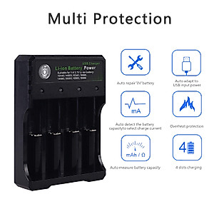 18650 Battery Charger 4 Bay Fast Charge, for 3.7V Li-ion TR IMR 10440 14500 16650 14650 18350 18500 16340(RCR123) Batteries, USB Intelligent Universal Rechargeable Battery Charger