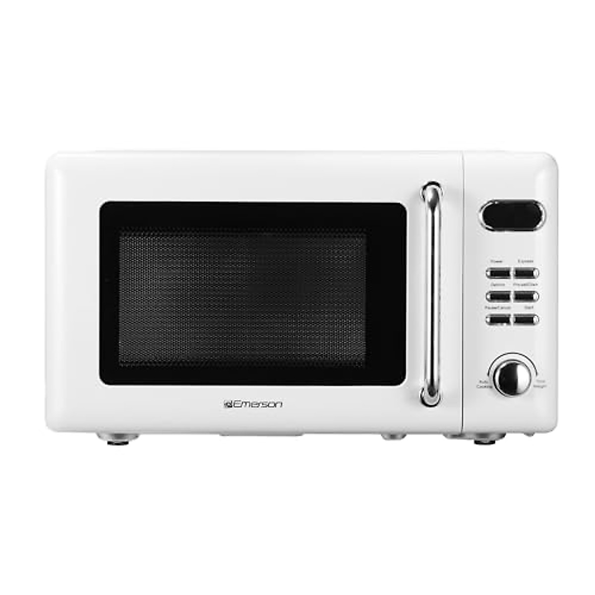 Emerson MWR7020W Compact Countertop Microwave Oven with Button Control, LED Display, 700W 5 Power Levels, 8 Auto Menus, Glass Turntable and Child Safe Lock, 0.7, Retro White