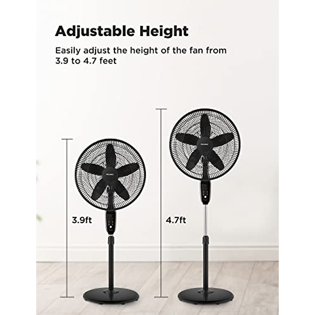PELONIS PFS45A5BBB 18 inch 5-Blade Oscillating, Adjustable Standing Pedestal Remote, LED Display, 5 Speed Setting and 7-Hour Timer Fan, Black
