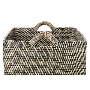 Loma Rectangular Rattan Storage Basket with Handles - Large - Black-Wash - Coastal-Inspired Handwoven Rattan Basket for Home Organization & Décor
