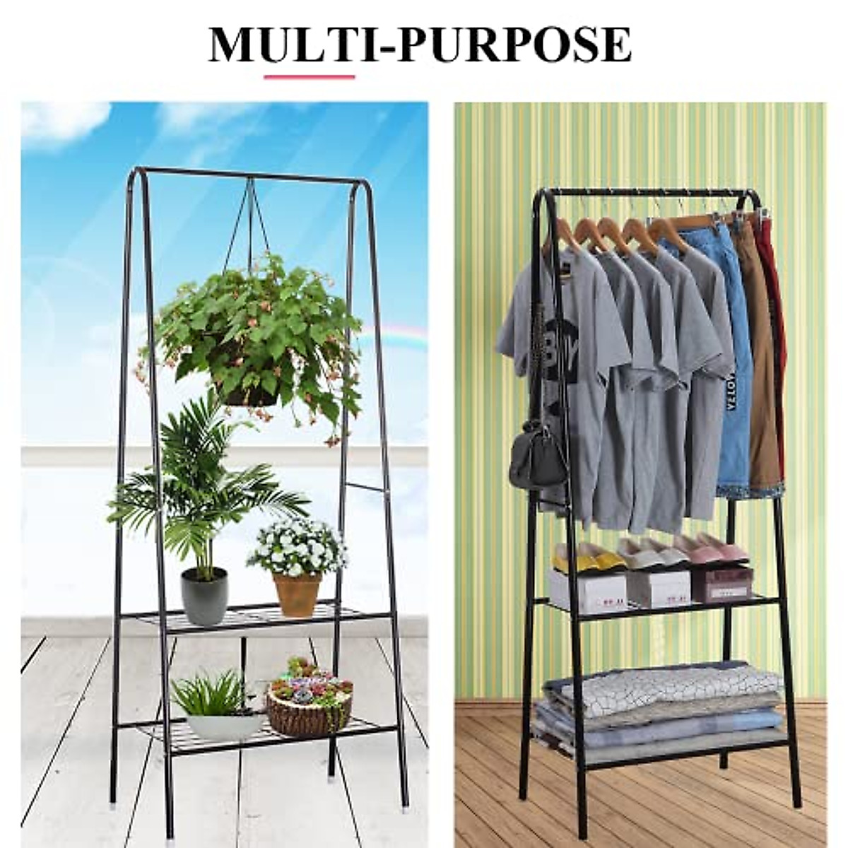 KAREZONINE Clothing Rack, Heavy Duty Clothes Rack Portable Garment Rack with 2-Tier Shelves, Double Rod Metal Coat Rack Freestanding with Bottom Shelves for Shoes Rack Organizer - Black