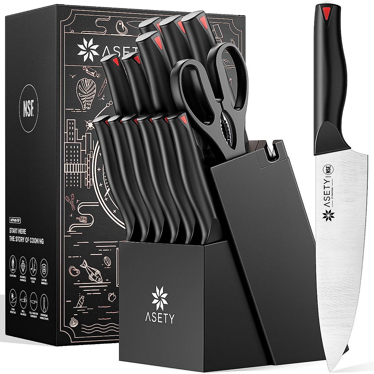 ASETY Knife Set, 15 PCS Kitchen knife Set with Bulti-in Sharpener Block, High Carbon Stainless Steel Knife Block Set, NSF Food Safe, Dishwasher Safe Knife Sets for Kitchen, Black, Gift Box