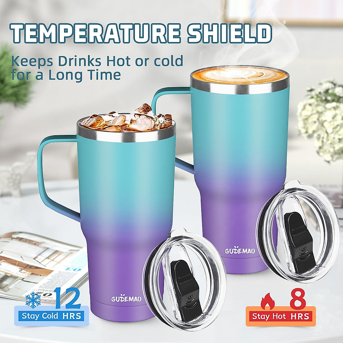 20 oz Insulated Coffee Mug with Ceramic Coating, Stainless Steel Travel Mug Tumbler with Handle Lid and Straw, Double Wall Leak-Proof Thermos Coffee Travel Mug Keeps Drink Hot and Cold (Azure Purple)