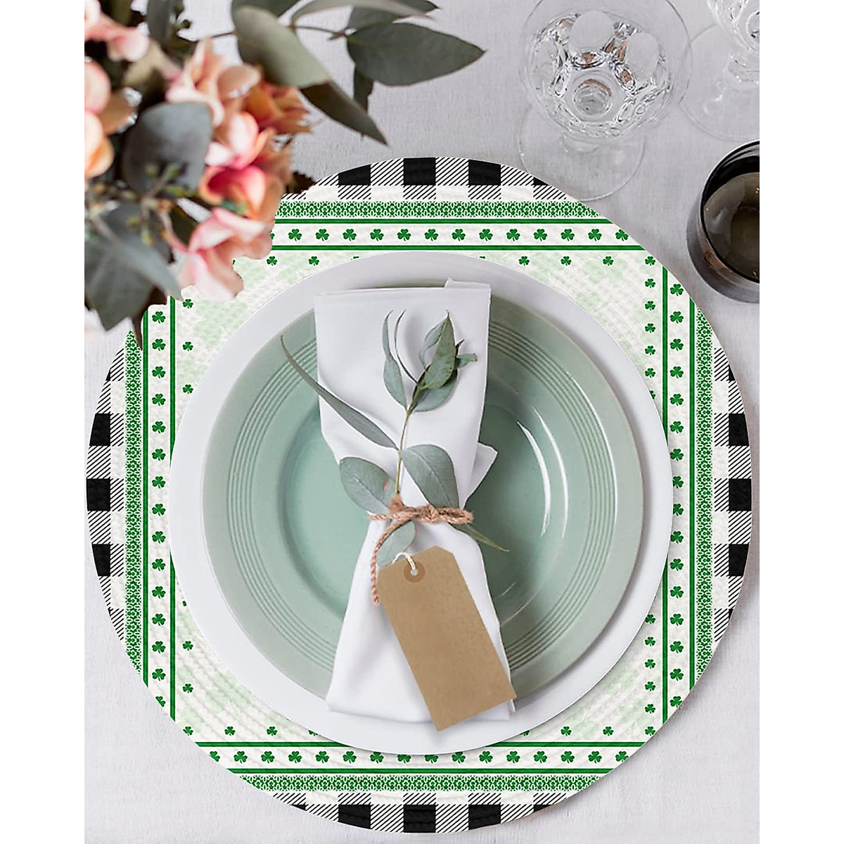 15" Round Braided Placemats Set of 2 St. Patrick Clover Shamrocks Classic Woven Place Mats Table Mats Set-Thick Heat Resistant Kitchen Trivet Hot Pads Pot Holder for Dining Tables