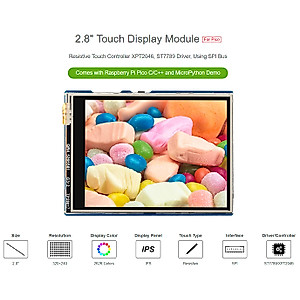 waveshare 2.8inch Resistive Touch Display Module for Raspberry Pi Pico, 320×240 Pixels IPS LCD Screen,Touch Controller XPT2046, SPI Interface, 262K Display Color