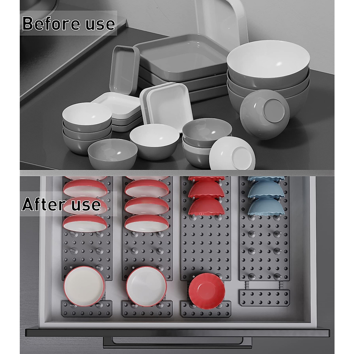 AEARY Pegboard Drawer Organizer for Kitchen Cabinet, Plate Organizers for Cabinets, Adjustable Cupboard Pegboard Tray, Dish Racks Bowl Drying Racks, Expandable Plate Holders Storage (2pcs, Grey)