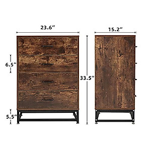 MELLCOM Chest of Drawers, Industrial Tall Dresser with 4 Drawers,Wood Storage Cabinet with Sturdy Metal Frame, Organizer Unit for Bedroom, Living Room, Hallway, Dark Brown