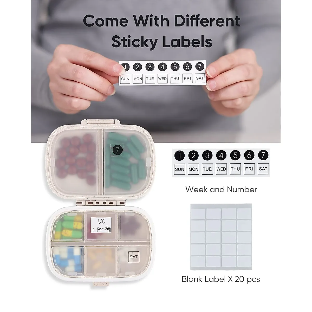 Holii Travel Pill Organizer, 8 Compartments Portable Pill Case, Daily Pill Box to Hold Vitamins, Small Pill Container for Pocket Purse Medicine Organizer（Khaki）