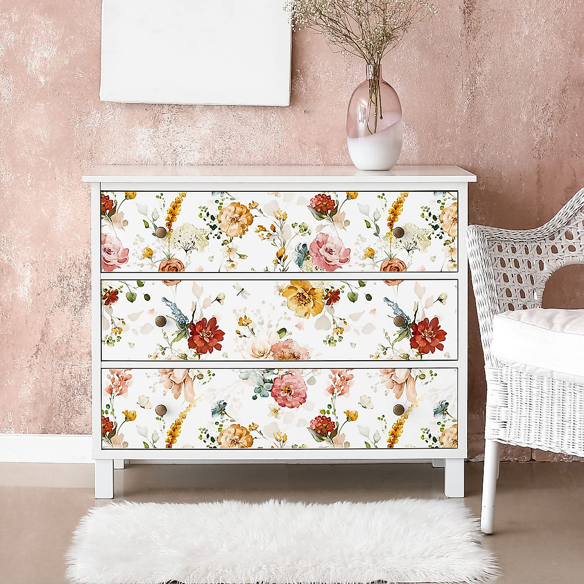 VEELIKE 17.7''x118'' Peel and Stick Wallpaper Vintage Pink/Red/Yellow Bouquet Floral Wallpaper Removable Self Adhesive Vinyl Decorative Contact Paper for Bedroom Bathroom Walls Cabinets