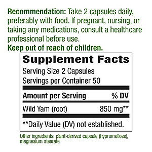 Nature's Way Wild Yam Root, Traditional Women's Health and Gastrointestinal Support*, 850 mg per serving, 100 Vegan Capsules