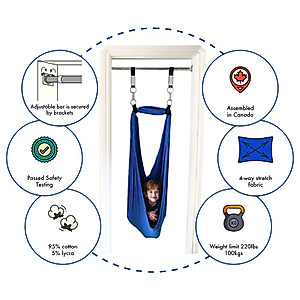 DreamGYM Doorway Sensory Swing Kit - Blue Compression Swing and Trapeze Bar with Red Gym Rings Combo