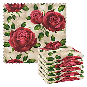 senya 6 Pack Dish Cloths Dish Towels Red Roses Flowers Reusable Kitchen Hand Towels