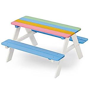 Mederra Rainbow Kids Picnic Table for Outdoor, Wooden Table & Chair Set, Kids Activity Sensory Table