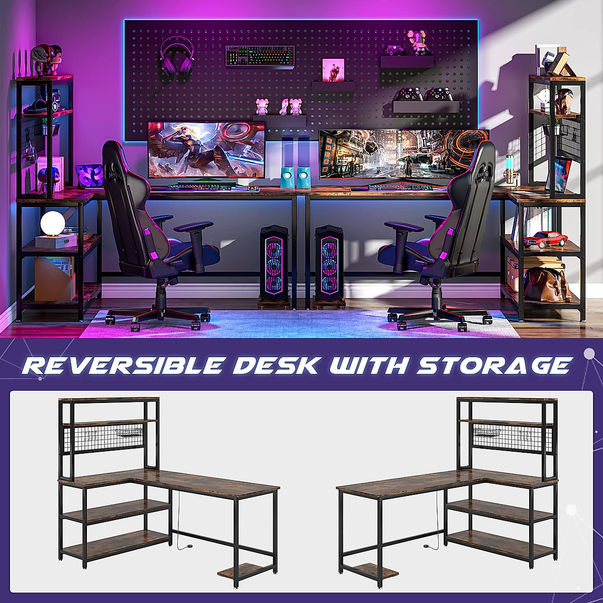 Tribesigns 55" Large Computer Desk with Wireless Charging 5 Storage Shelves, Office Desk Study Table Writing Desk Workstation with Hutch Bookshelf for Home Office (Brown)