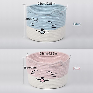 Small Woven Cotton Rope Storage Basket,2 Pack Cute Cat Cotton Rope Baskets with Handle,Baby Nursery Organizer for Toy Storage Bin | Pet Gift Basket for Cat,Dog,10 x 10 x 7 Inch