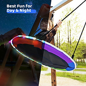 Trekassy 700lbs 40" Saucer Tree Swing for Kids Adults Outdoor with LED Lights, 2 Tree Hanging Straps-Rainbow