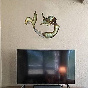 Mermaid Decor Metal Wall Art,Home Decor Mermaid Wall Sculpture Hanging Coastal Wall Decor for Home Garden Indoors Outdoors,Swimming Mermaid Specialties Distressed Handmade Creative Craft Panels