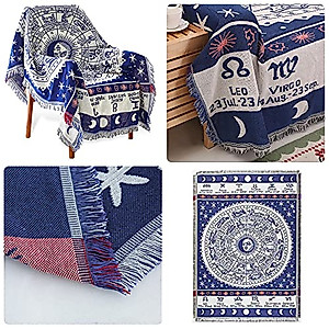 Edcooy Astrology Throw Blanket，Bohemian Hippie Woven Witchy Zodiac Celestial Constellation Balnket for Home Decor, Double Side CoverChair Sofa Couch(Blue, 50" x 70") (71''x91'')