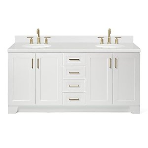 ARIEL Taylor 72" White Double Bathroom Vanity, 1.5" Edge Carrara Quartz Countertop & Splash, Oval Sinks, 4 Soft Closing Doors, 6 Full Extension Dovetail Drawers, Toe Kick, Satin Brass
