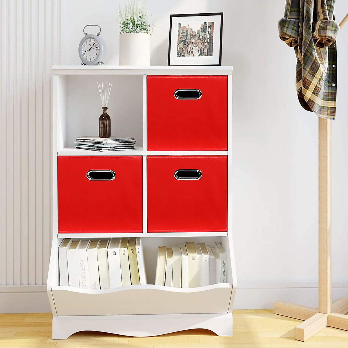 Yunkeeper Fabric storage bins Cubes, Fabric Cube Organizer with Handle, Foldable Cube Bins for Cloth or Accessary Storage, 11x11x11, Set of 3, (Red)