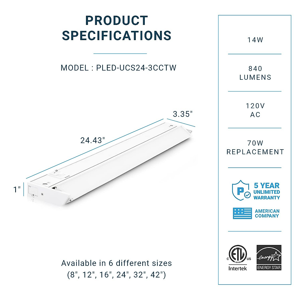 Parmida LED Technologies LED Swivel Under Cabinet Lighting, Hardwired or Plug-in Installation, 24", 14W, 3CCT Color Selectable - 3000/4000K/5000K, Rotatable Lens, Dimmable, Linkable, 120V, 840LM