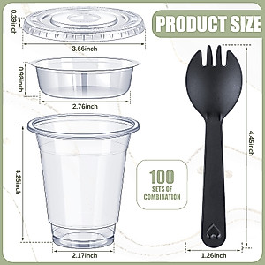 WILLBOND 100 Sets 12oz Clear Plastic Parfait Cups with Flat Lids Insert Yogurt Fruit Parfait Cups Spill and Anti Leak Dessert Disposable Cups with Spoons for Yogurt Parfait, Fruits Veggies and Dips