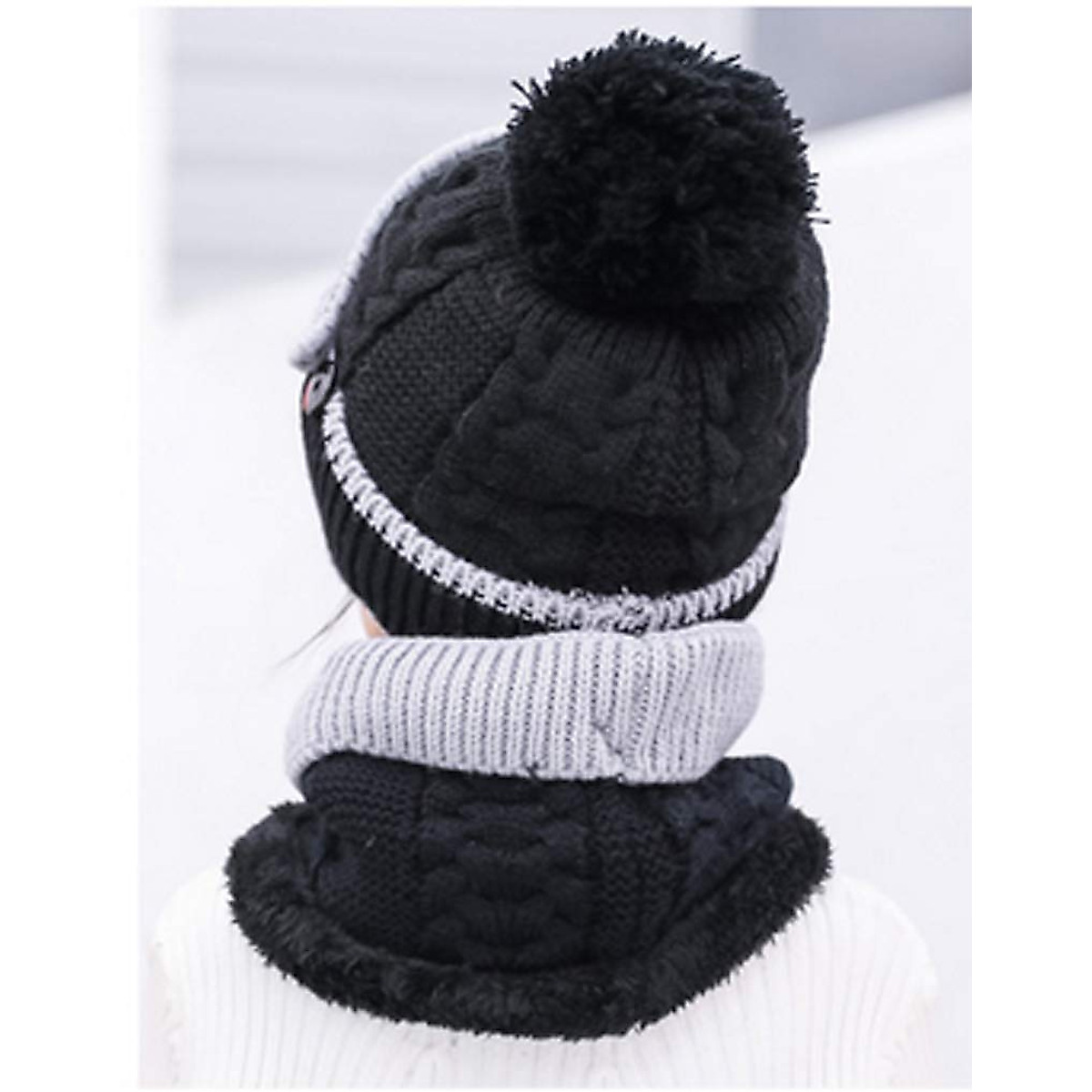 3 in 1 Winter Knitted Beanie Hat Scarf Mouth Mask Set for Girls Boys Kids, Warm Fleece Lined Ski Cap with Pompom Neck Warmer (Black)