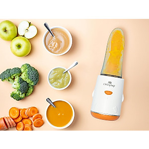 Warmfinity Portable Baby Food Processor – Multifunctional Baby Food Maker - Baby Puree Blender with Soft Silicon Spoon Feeder (White-Orange)