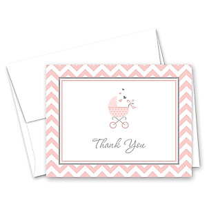 50 Cnt Pink Carriage Baby Shower Thank You Cards and Envelopes